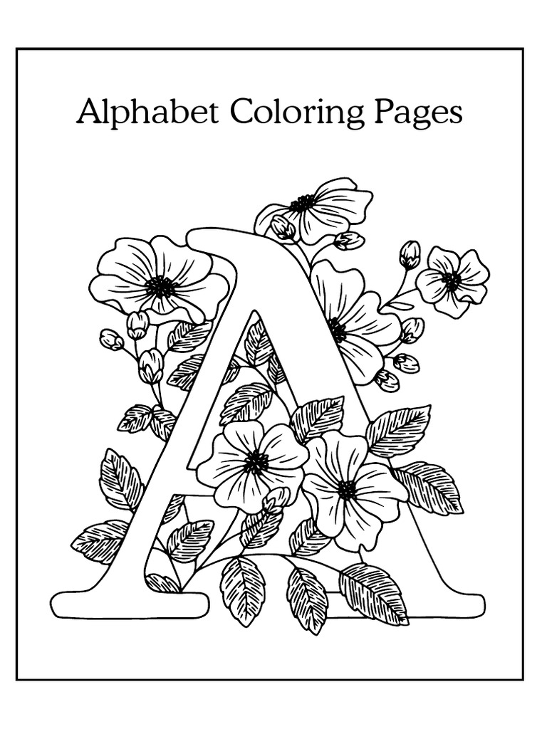 Alphabet Coloring Pages Worksheet in Black and White Illustrative Style ...