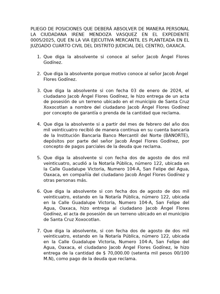 Pliego de Posiciones e Interrogatorio Jacob Angel Flores Godinez | PDF