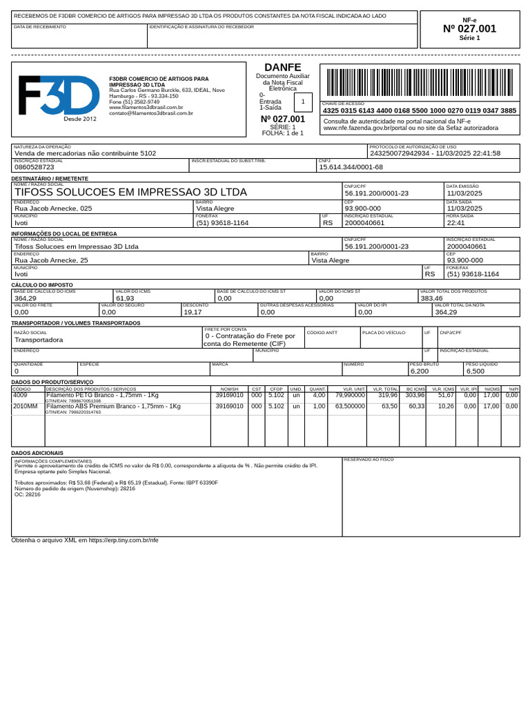 DANFE_1_027001 | PDF | Recibo | Business