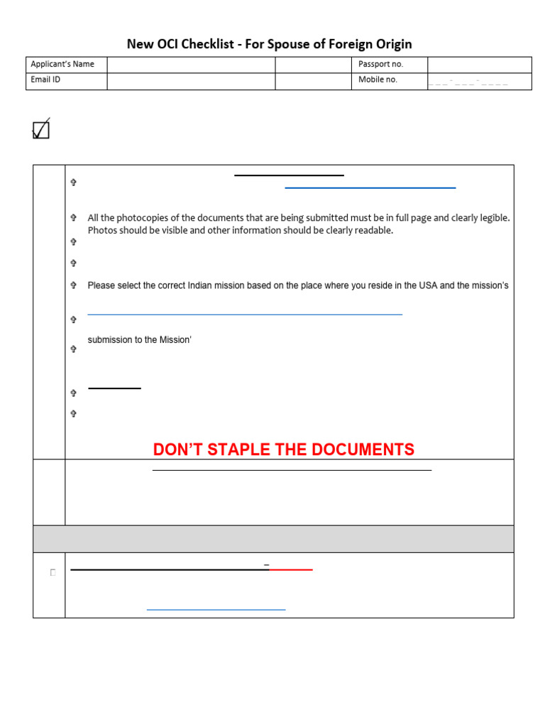 Oci Checklist Foreign Spouse | PDF | Government And Personhood