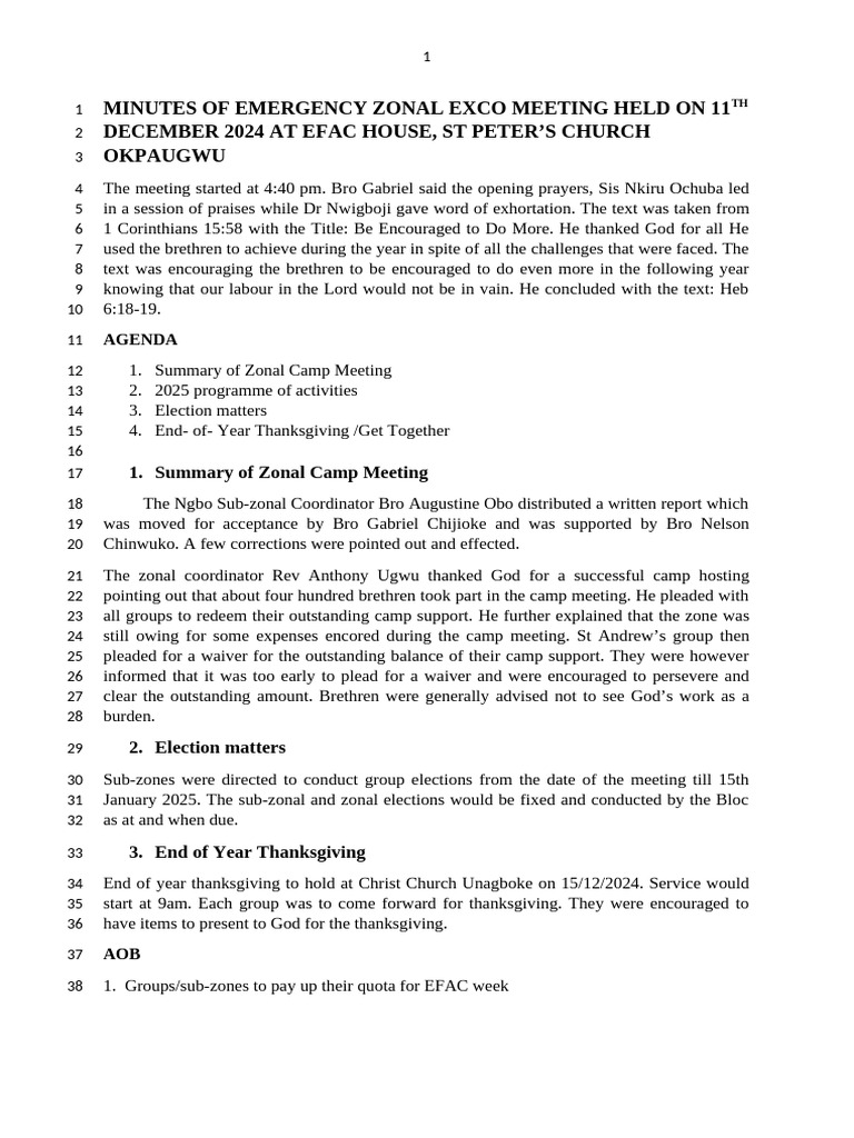 Minutes of Emergency Zonal Exco Meeting Held On 11th December 2024 at ...