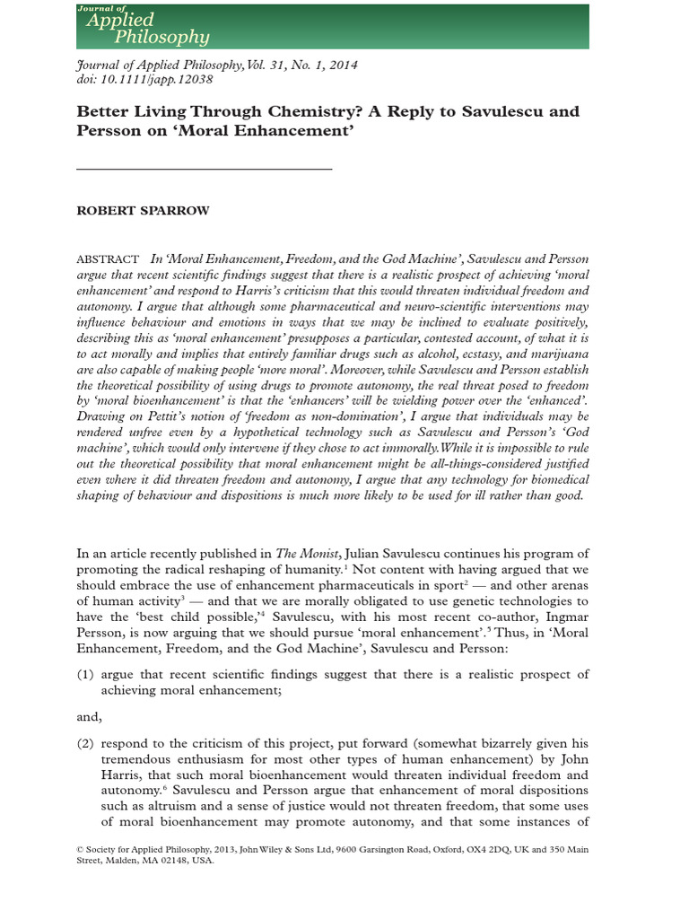 Critique of Moral Bioenhancement Debate | PDF | Free Will | Reason