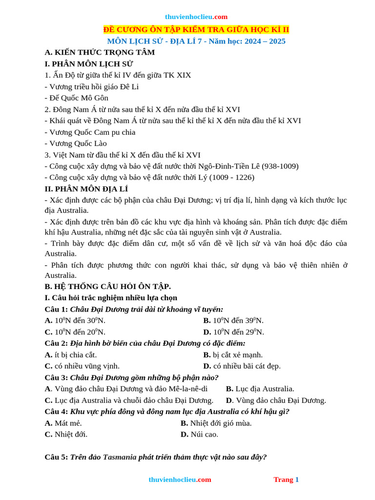 De Cuong On Tap Giua HK2 Lich Su Dia Li 7 CTST CTM | PDF