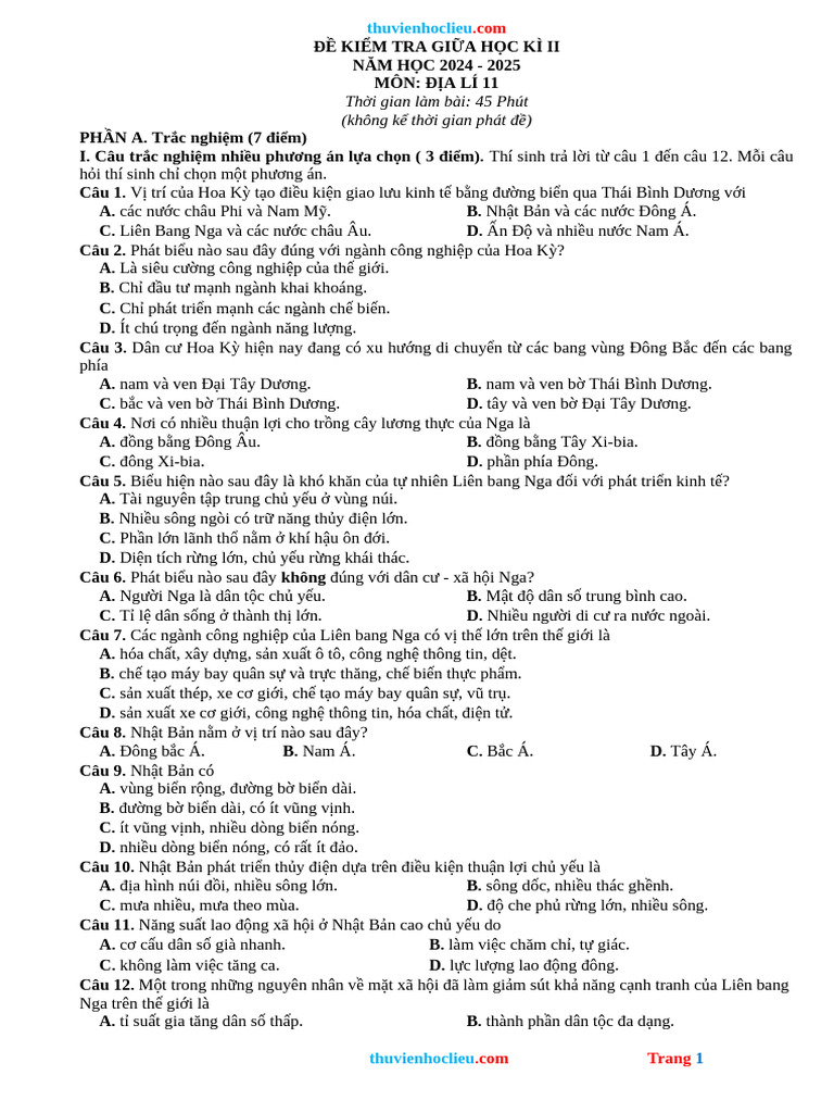 De Kiem Tra Giua HK2 Dia Li 11 KNTT Nam 24 25 | PDF