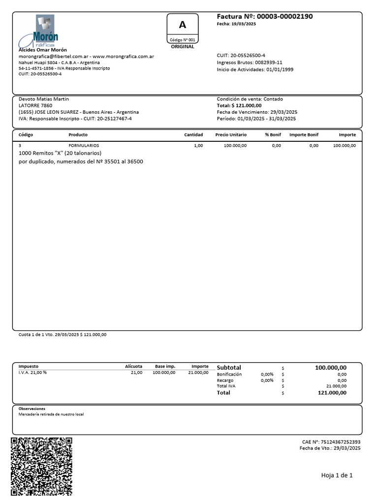 Factura de venta A 00003-00002190_Devoto | PDF | Impuestos | Pagos