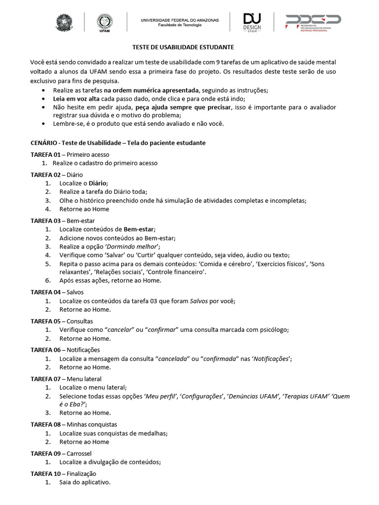 TESTE DE USABILIDADE - estudantev3 | PDF