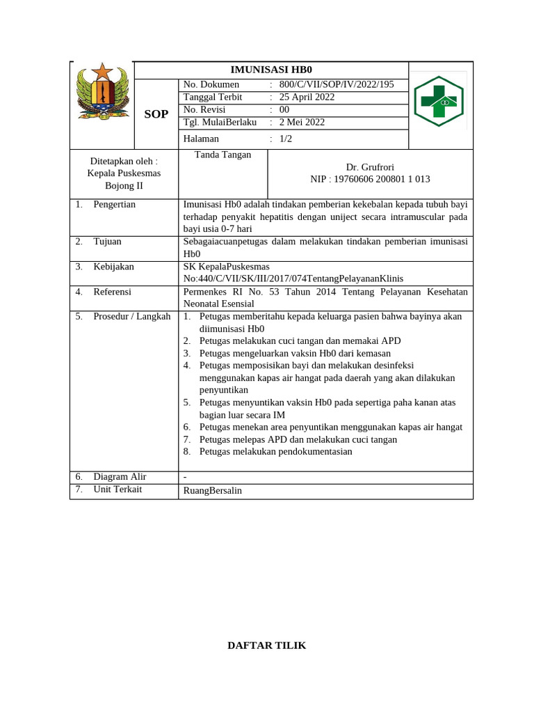 Sop Imunisasi HB0 | PDF