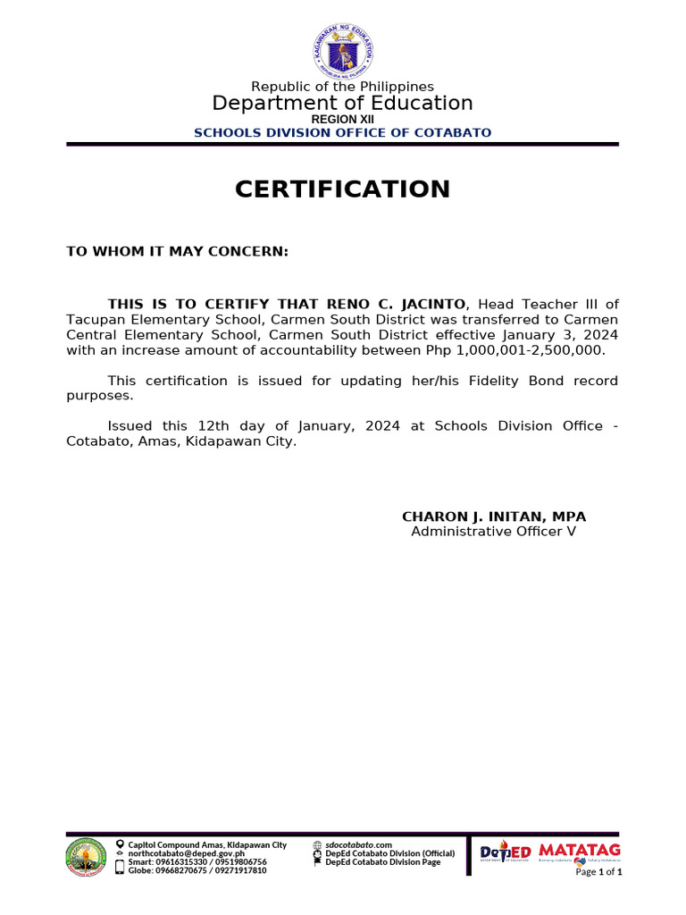 BTR Certification for Teacher Transfer | PDF
