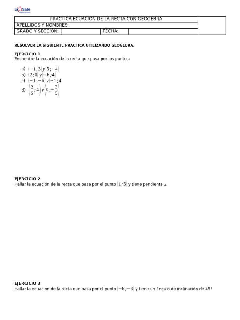 Practica Ecuación de La Recta Con Geogebra | PDF