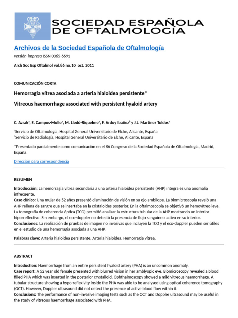 Hemorragia vítrea y arteria hialoidea persistente | PDF | Visión ...