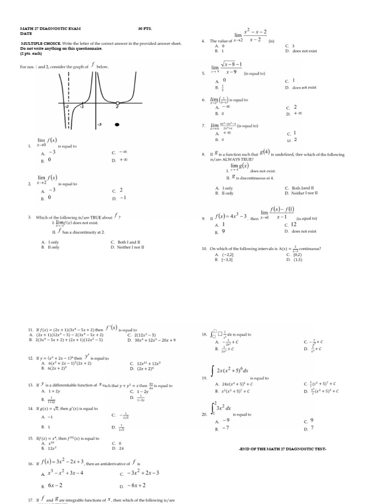 Diagnostic Test MATH 27 | PDF | Mathematical Analysis | Calculus