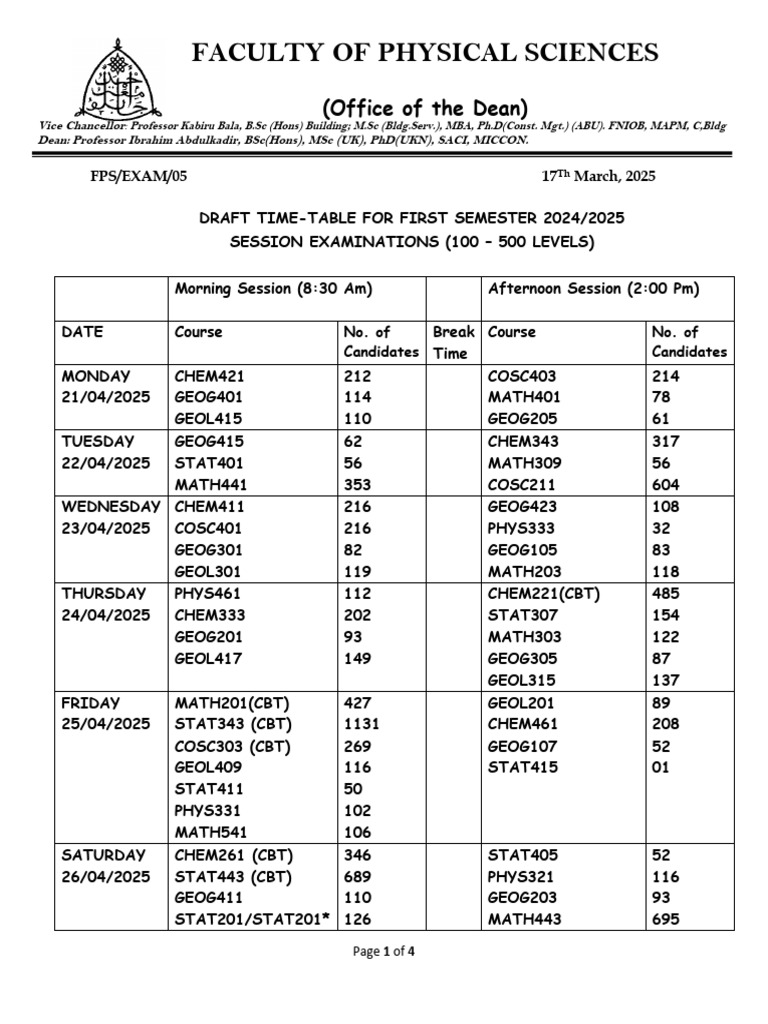 1st Semester 2024-2025 SESSION NEW DRAFT Exam Timetable | PDF | Titles | Qualifications
