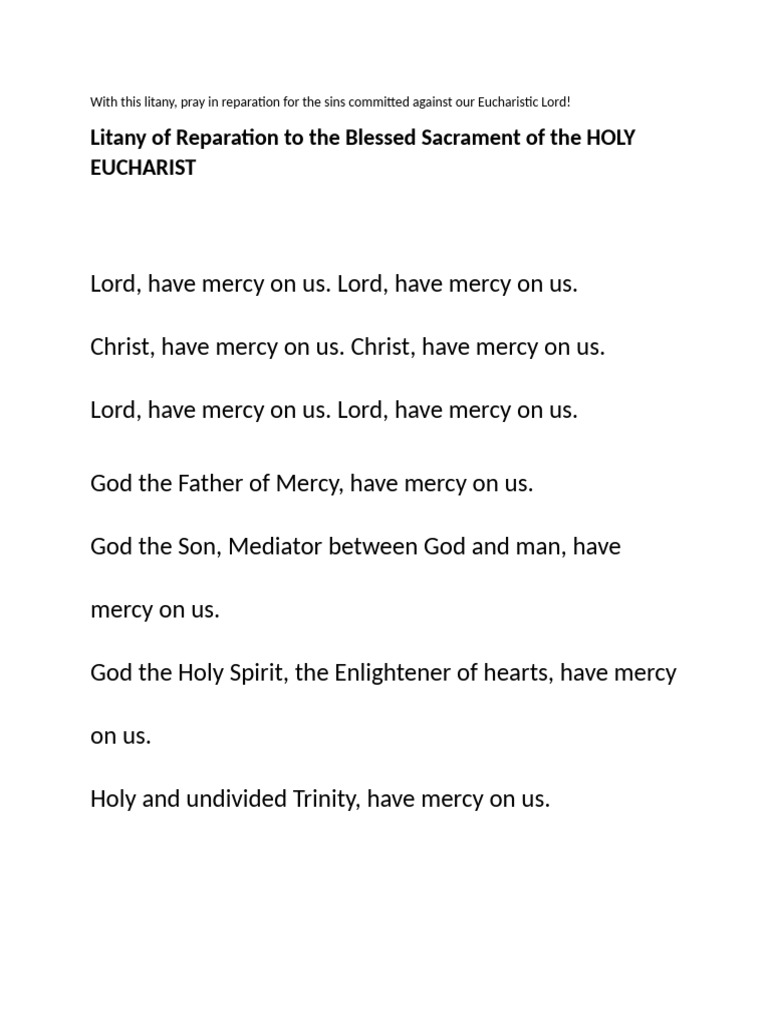 LITANY OF REPARATION TO THE HOLY EUCHARIST | PDF | Eucharist | Mercy