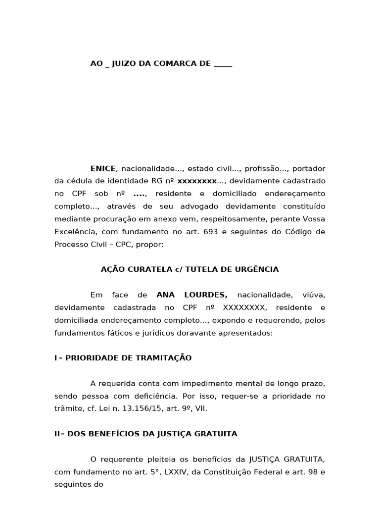 Ação de Curatela com Tutela de Urgência | PDF | Processo civil | Advogado