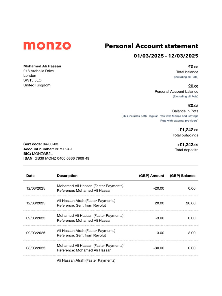 Monzo - Bank - Statement - 2025 03 01 2025 03 12 - 2309 | PDF | Banking ...