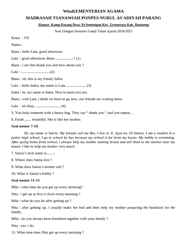 SOAL ULANGAN BAHASA INGGRIS KELAS VII SEMESTER GANJIL | PDF