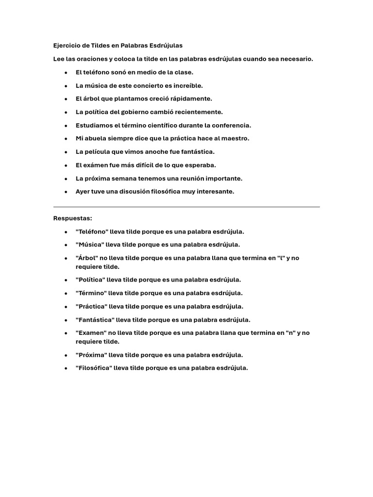 Ejercicio de Tildes en Palabras Esdrújulas | PDF