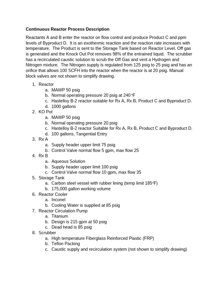 Continuous Reactor Process Description | PDF | Chemical Reactor | Valve
