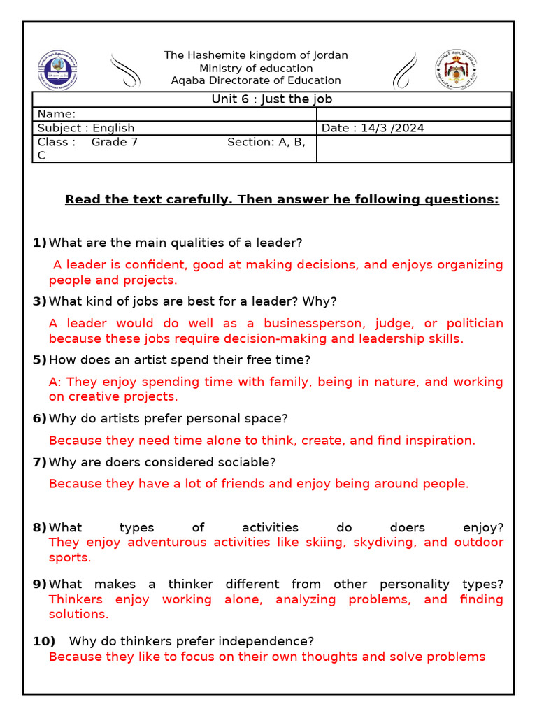 Reading Comprehension Unit 6 Grade 7 Answers | PDF | Leadership