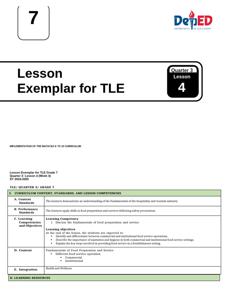 TLE Grade 7: Food Service Fundamentals | PDF | Restaurants | Menu