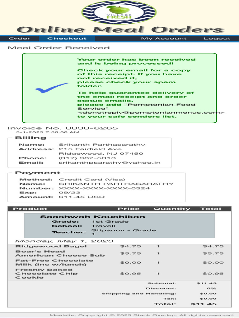 Pomptonian Menus - Ridgewood School District - Order Meals Checkout | PDF