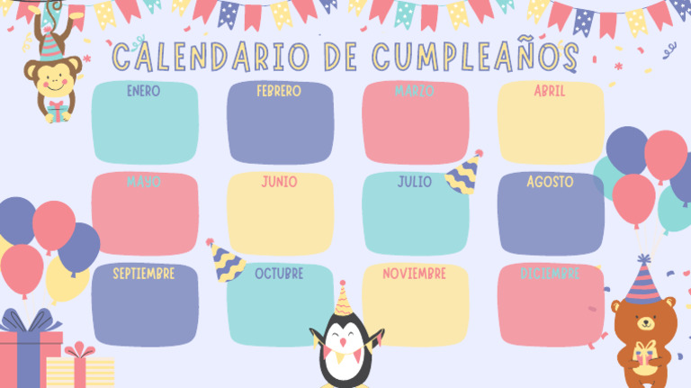 Calendario de Cumpleaños Infantil Ilustrado Globos Lila y Verde | PDF