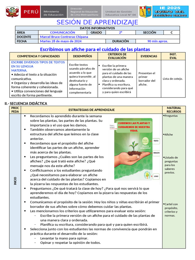 SESIÓN COMUNICACION - Escribimos Un Afiche para El Cuidado de Las Plantas | PDF | Aprendizaje
