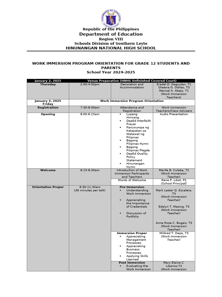 Work Immersion Orientation | PDF