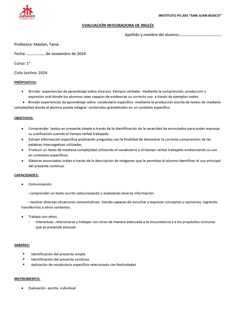 EVALUACIÓN INTEGRADORA DE INGLÉS PRIMER AÑO | PDF | Aprendizaje | Comunicación
