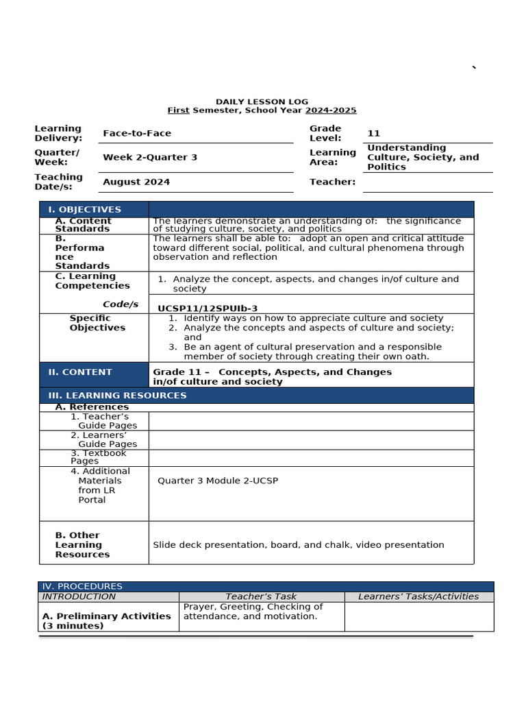 Template For 1 DAY Lesson Plan | PDF | Procedural Knowledge | Intelligence