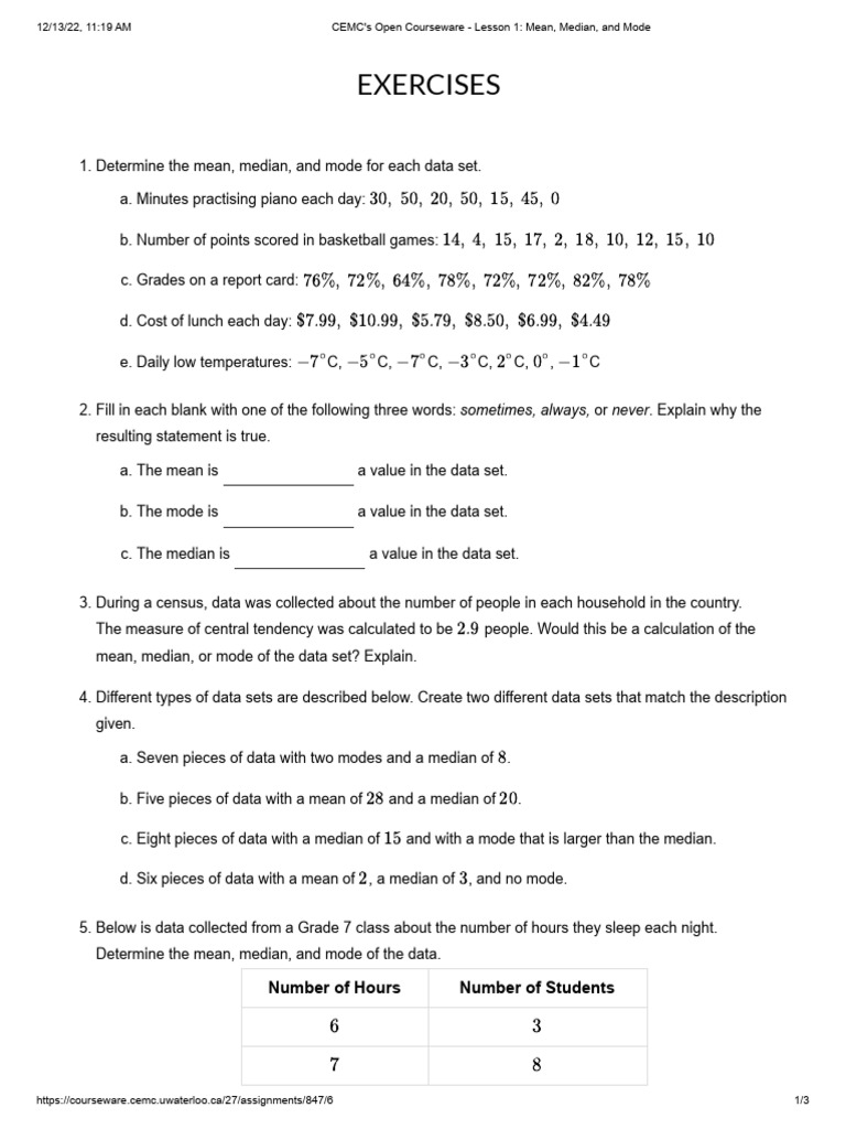 Mean, Median, Mode Worksheet | PDF | Mean | Mode (Statistics)