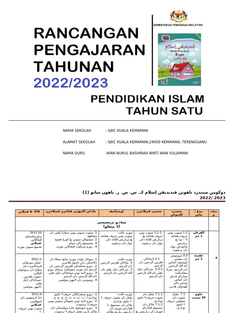 RPT PENDIDIKAN ISLAM TAHUN 1 2022-2023 EDIT | PDF