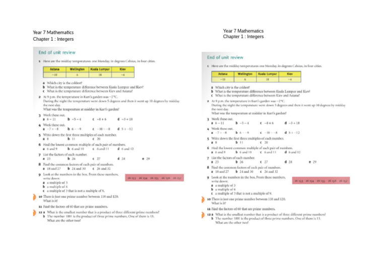 Year 7 Maths (Ch1 End of Chapter Ex) | PDF
