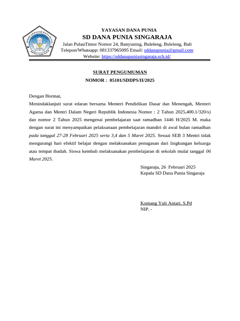 Surat Pemberitahuan Belajar Mandiri Ramadhan | PDF