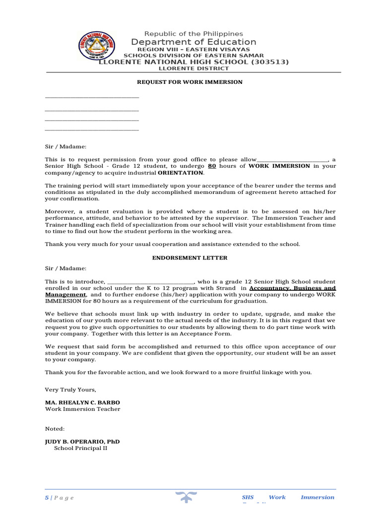 Request For Work Immersion | PDF