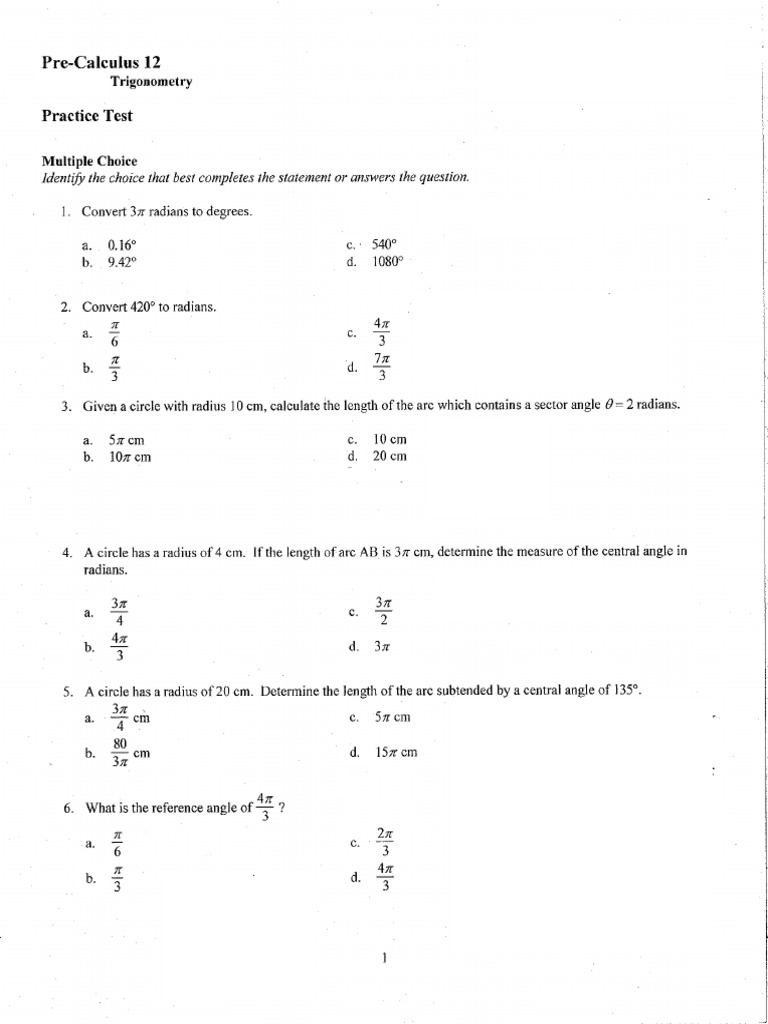 Trig Practice Test 1 | PDF