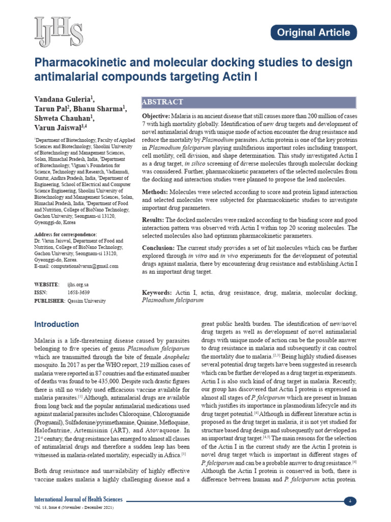 Antimalarial Drug Design via Actin I | PDF | Malaria | Docking (Molecular)