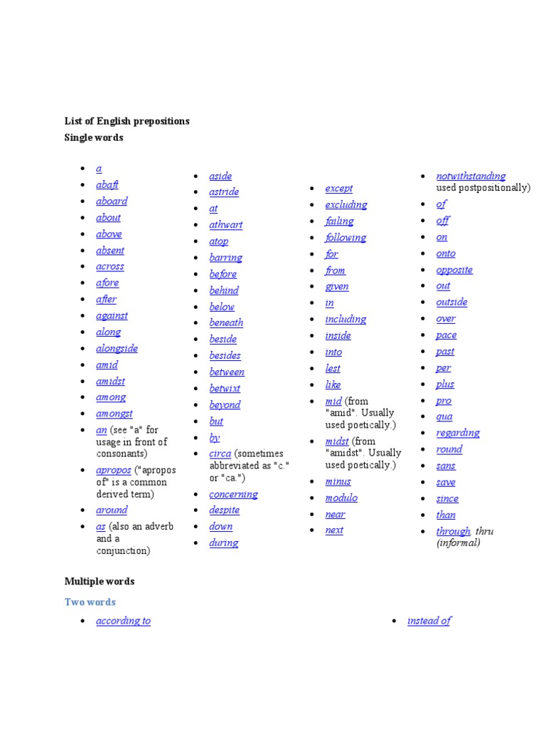 List of English Prepositions Single Words | PDF | Preposition And ...