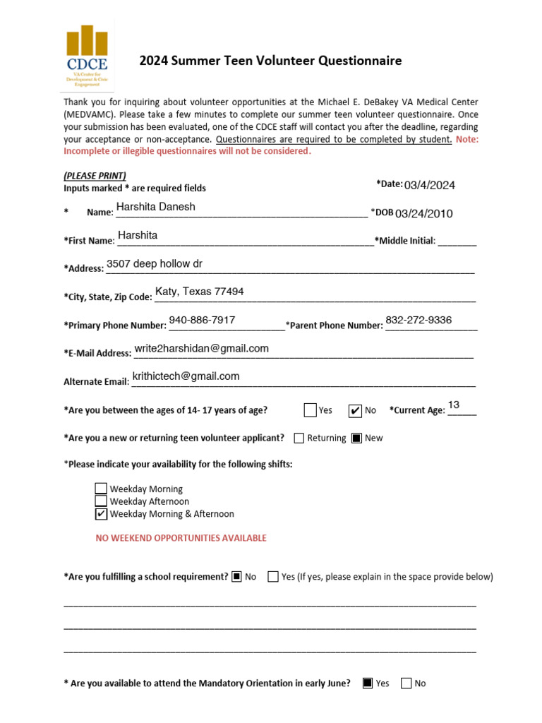 2024 Summer Teen Volunteer Application | PDF | Psychology | Social ...