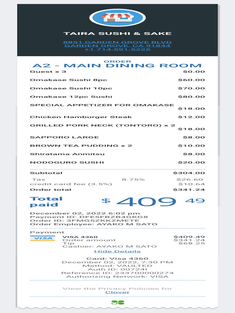 Taira Sushi & Sake Order Summary | PDF