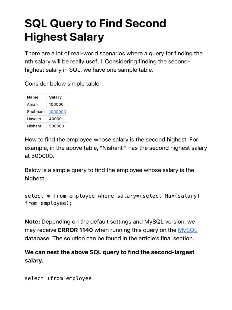 SQL Query To Find Second Highest Salary - GeeksforGeeks | PDF | Computing | Computer Data