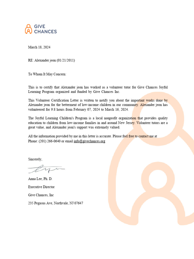 VolunteerHourLetter_Alexanderjeon | PDF