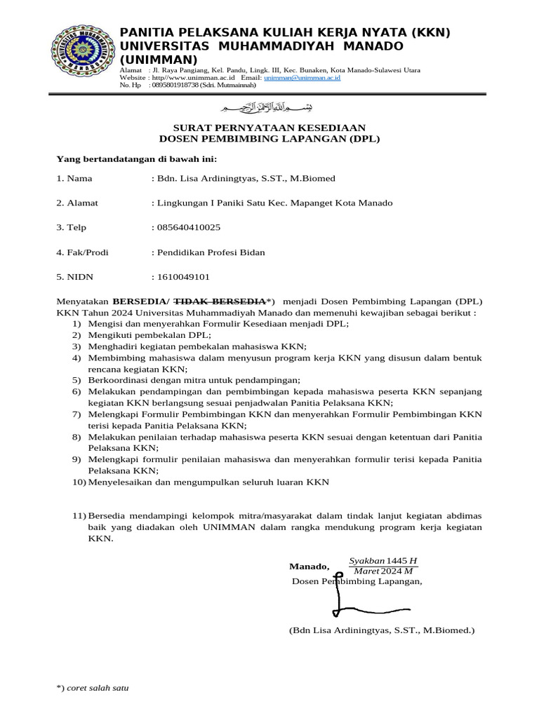 Surat Pernyataan Kesediaan DPL KKN 2024 | PDF