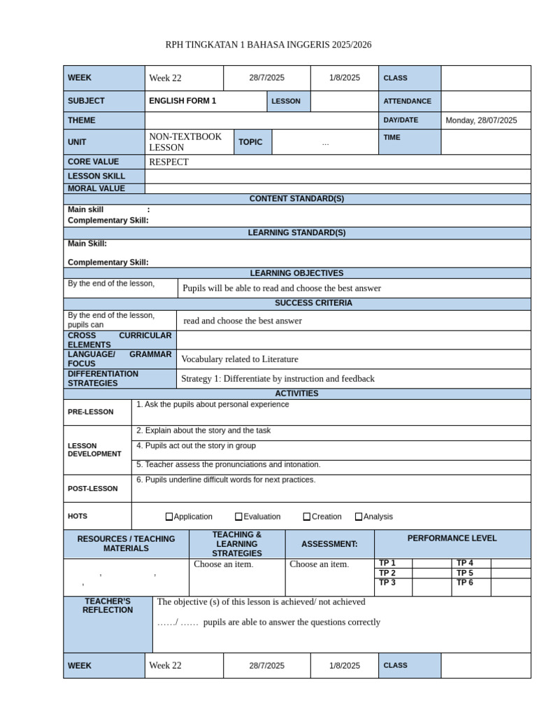 Week 22 Tingkatan 1 RPH Bahasa Inggeris 2025 - 2026 | PDF | Curriculum | Teachers
