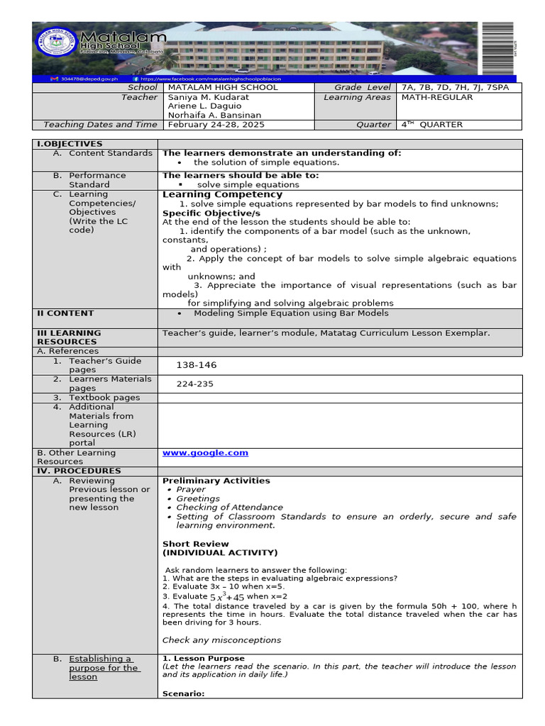 DLP - Q3 - W3 - Solving Simple Equation Using Bar Model | PDF | Equations | Algebra