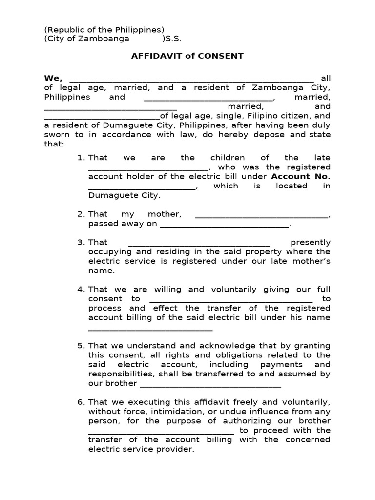Affidavit of Consent Template | PDF | Affidavit | Legal Procedure