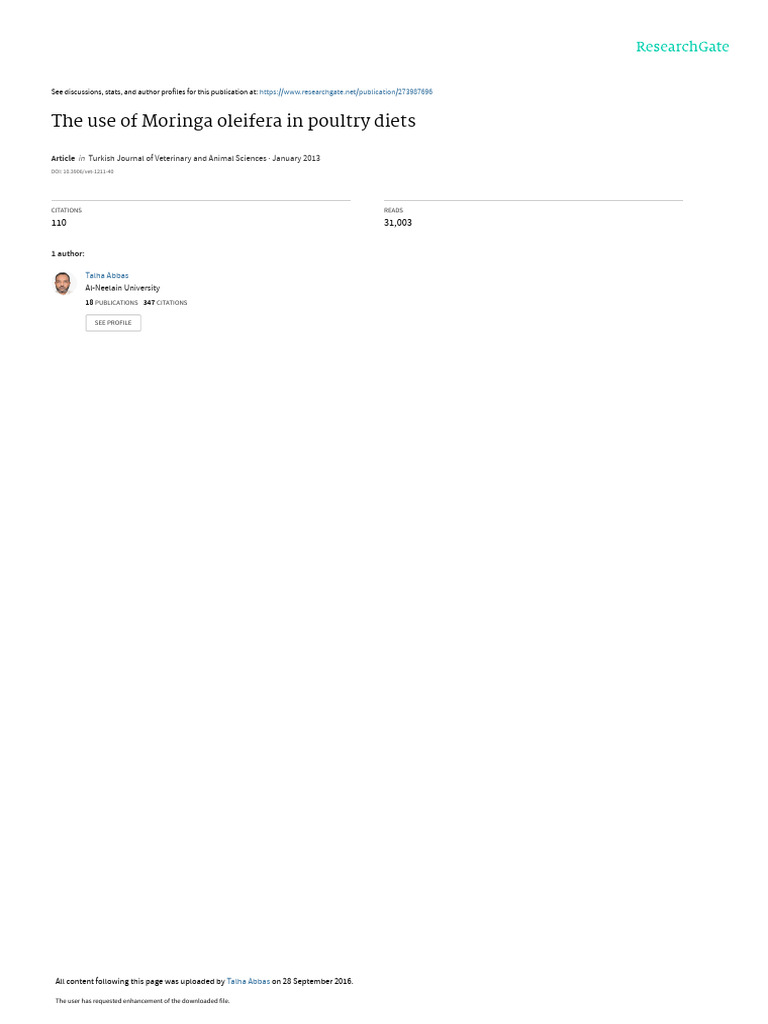 The Use of Moringa Oleifera in Poultry Diets | PDF | Seed | Broiler