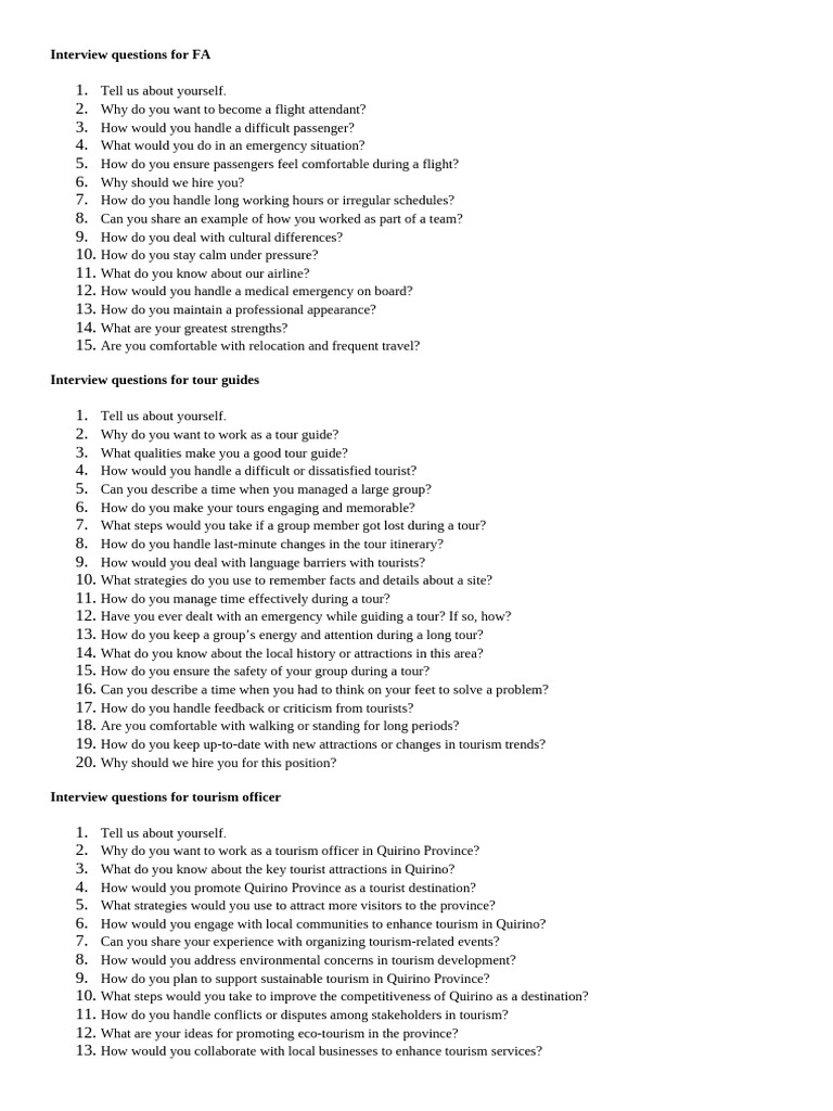 Tourism Interview Questions Guide | PDF | Tourism