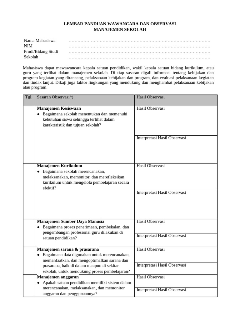 Format Lembar Observasi Dan Wawancara | PDF