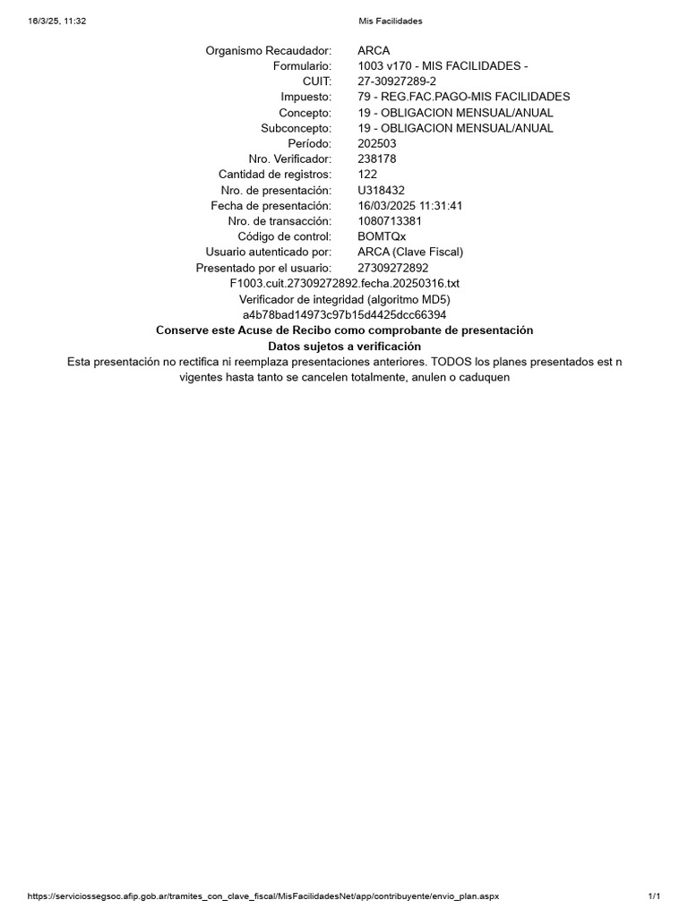 Presentación Formulario 1003 - Mis Facilidades | PDF